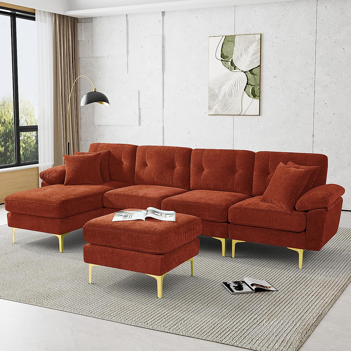 Nolohoo U Shaped Sectional Sofa Couch,114" Comfy L Shape Sofa with Chaise Lounge Ottoman, Modern Upholstered Chenille 4 Seat Modular Couch Set for Living Room Office, Orange