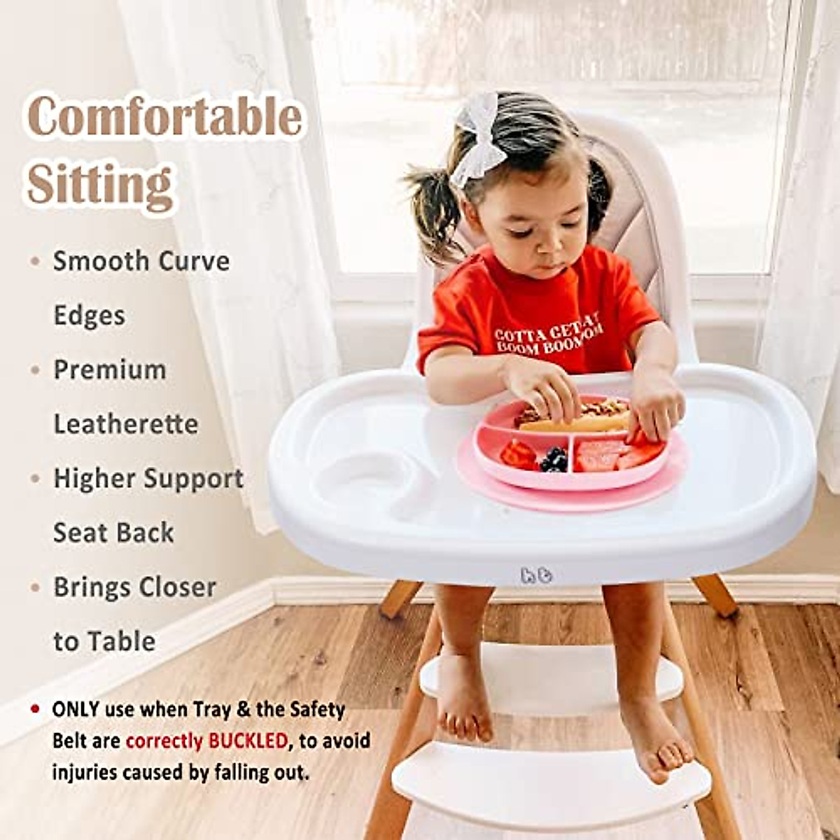 Baby High Chair with Double Removable Tray for Baby/Infants/Toddlers, 3-in-1 Wooden High Chair/Booster/Chair | Adjustable Legs | Easy to Assemble, Cream