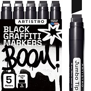 ARTISTRO Graffiti Markers, 5 Jumbo Black Markers, 15mm Jumbo Felt Tip, Acrylic Paint Markers for Rock Painting, Stone, Ceramic, Glass, Wood, Canvas