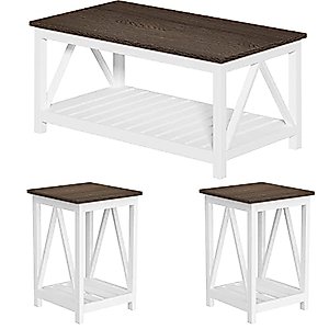 ChooChoo 3-Piece Farmhouse Living Room Table Set Includes Coffee Table & Two Rustic Vintage End Side Table with Storage Shelf