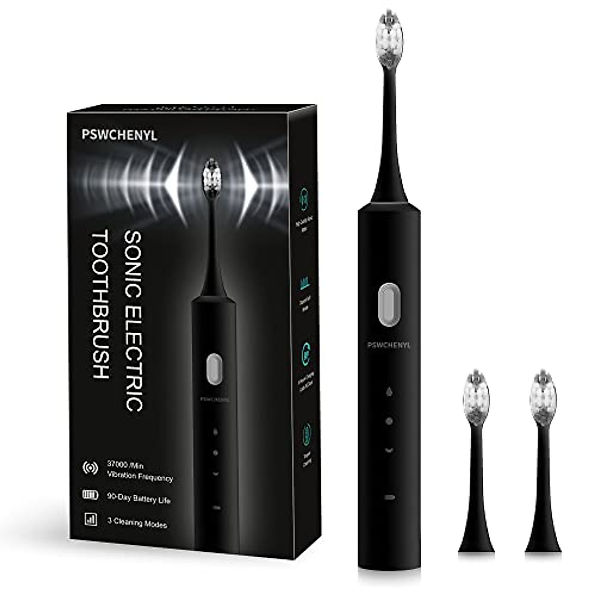 PSWCHENYL Sonic Electric Toothbrush USB Rechargeable with 6 Brush Heads 3 Modes with 2 Minutes Build in Smart Timer for Adults and Kids, One Charge for 60 Days IPX7 Waterproof Cleaning（Black）