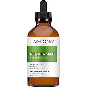 Peppermint Essential Oil by Velona - 4 oz | Therapeutic Grade 100% Pure and Natural | for Aromatherapy Diffuser, Massage, Skincare, Haircare, Soapmaking | Undiluted and Multipurpose in Glass Bottle