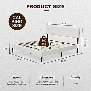 IKIFLY California King Bed Frames with Adjustable Headboard, Modern Upholstered Cal King Platform Bed with LED Lights & 2 USB Ports, Strong Wood Slat Support, No Box Spring Needed - White