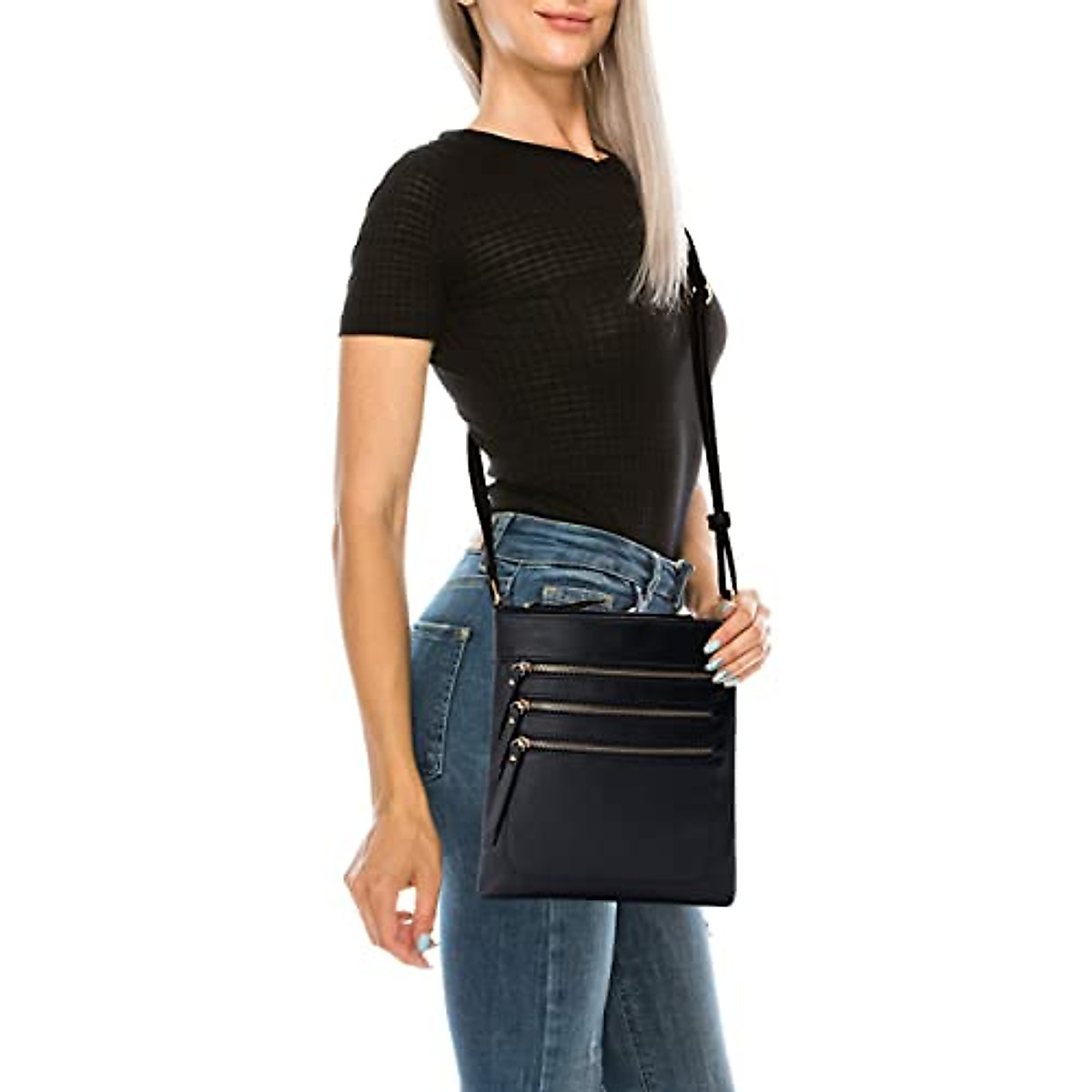 Solene Crossbody Bag Functional Multi Pocket Messenger Purse Top Zip Closure Shoulder Handbag With Adjustable Strap-WU093(Black)