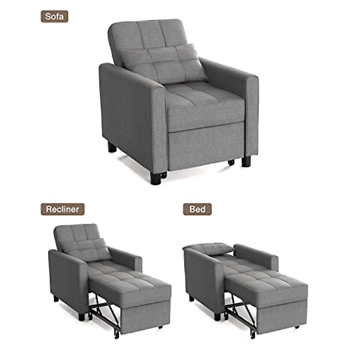 Sleeper Chair Bed, 3-in-1 Convertible Chair Bed, Adjustable Recliner Sofa Bed with Pillow, Multi-Functional Folding Sleeper Chair Bed, Single Bed Chair with Modern Linen Fabric for Apartment, Gray
