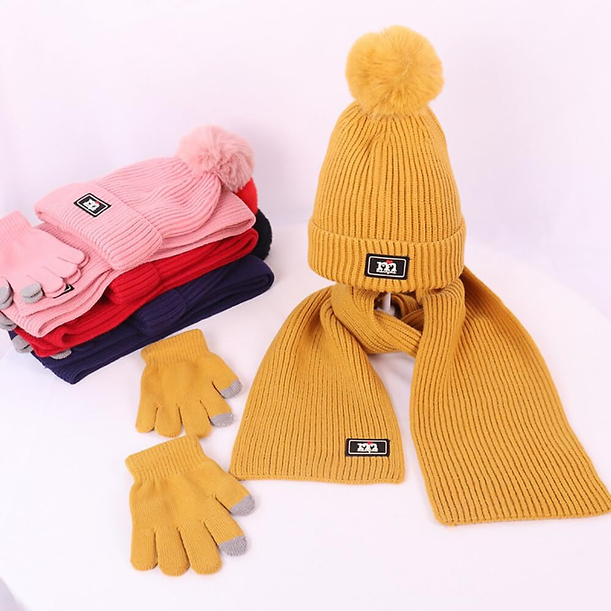Kids Winter Beanie Hat Scarf Gloves Set, Winter Knit Warm Soft Pom-Pom Beanie Hat for Boys and Girls Outdoor Warm Beige