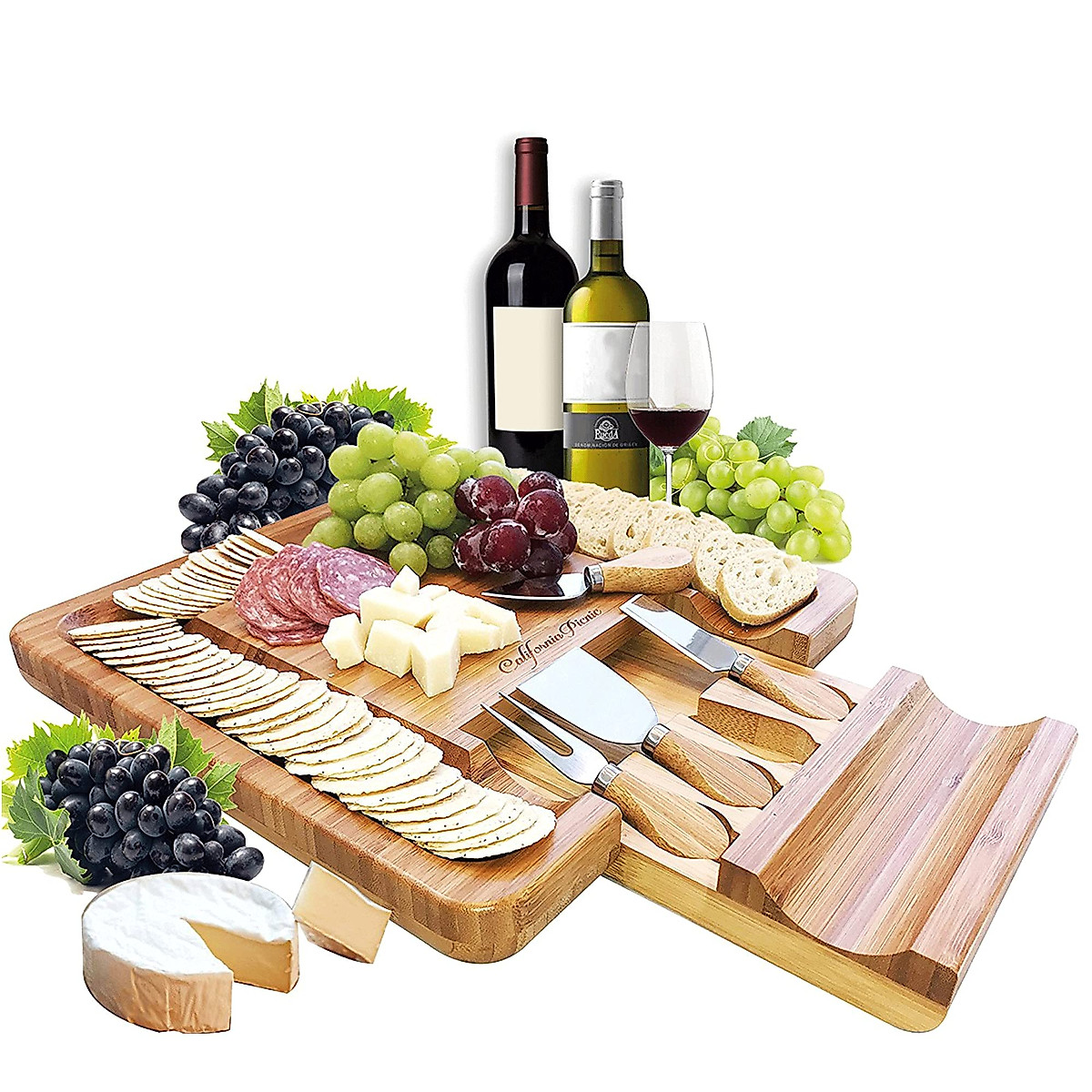 Cheese Board and Knife Set | Charcuterie Board | Bamboo Cheese Tray with Cheese Knives Sets | Large Wooden Cheese Plate and Cheese Platter Board Set | Cheeseboard Gift Set 50th Birthday | Wedding Gift