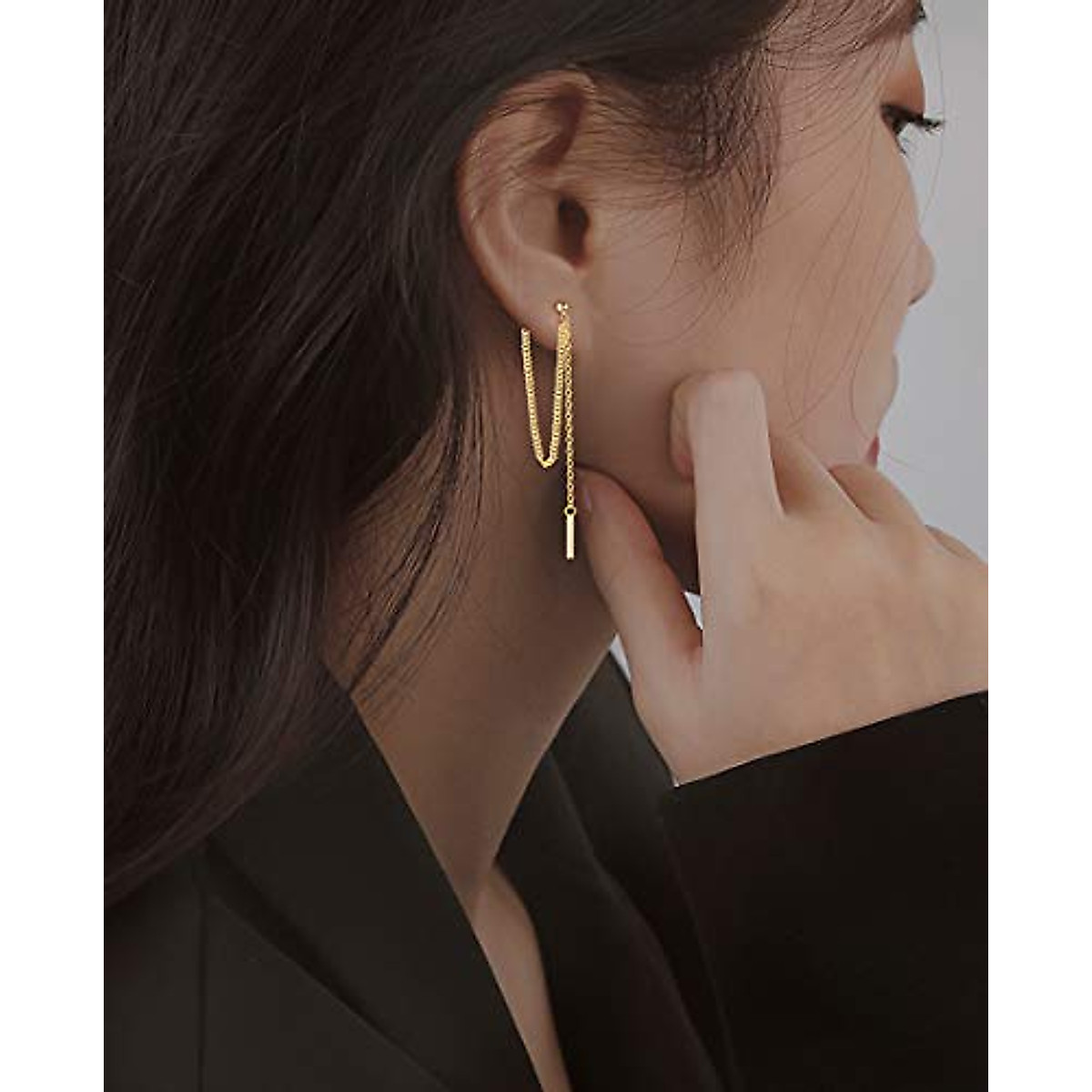 SLUYNZ 925 Sterling Silver Bar Dangle Earrings for Women Teen Girls Minimalist Dangle Earrings Threader Chain