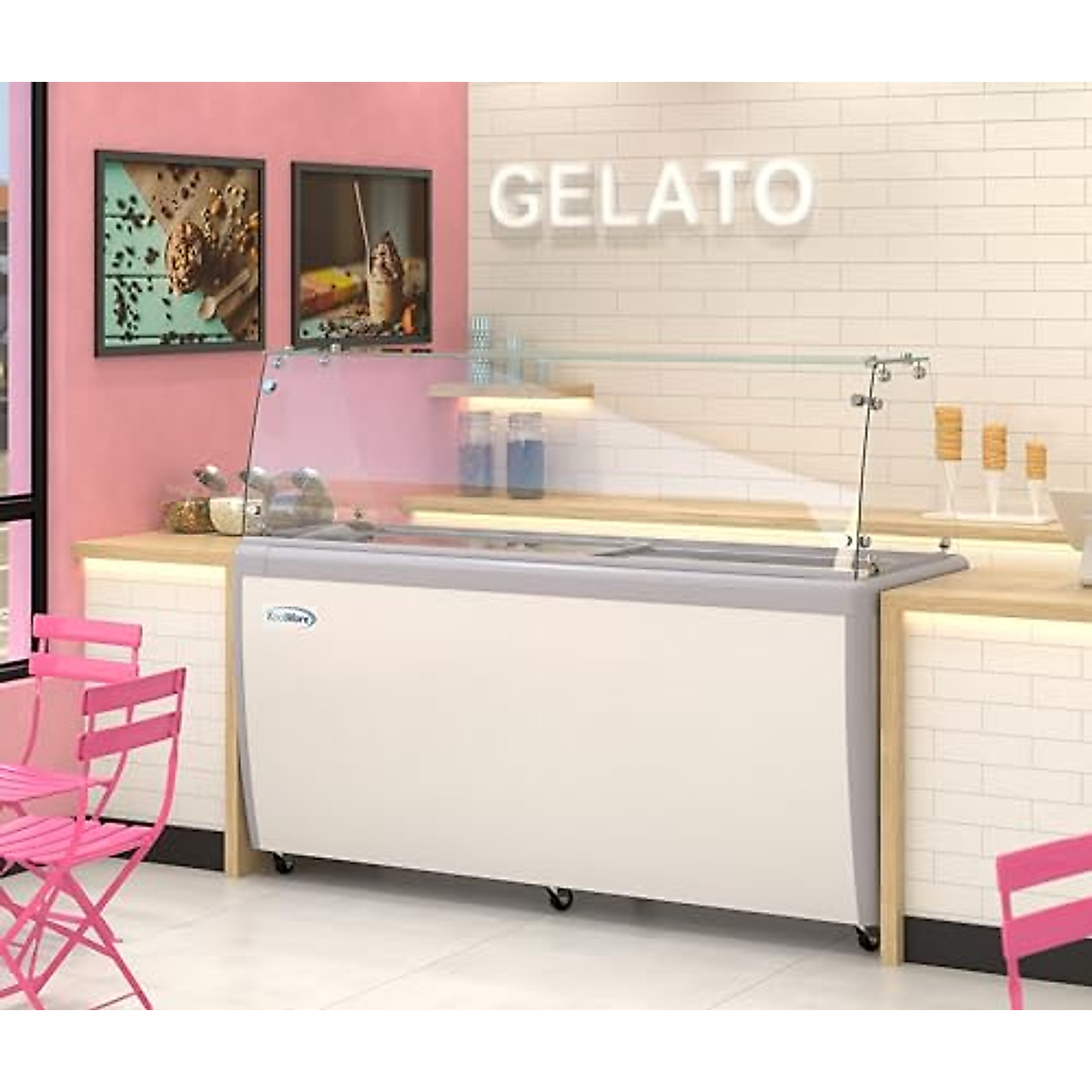 KoolMore KM-GDC-71SD-FG 70 in. 14-Pan Gelato Dipping Cabinet Display Freezer with Sliding Glass Door and Sneeze Guard, 20 cu. ft. ETL Listed
