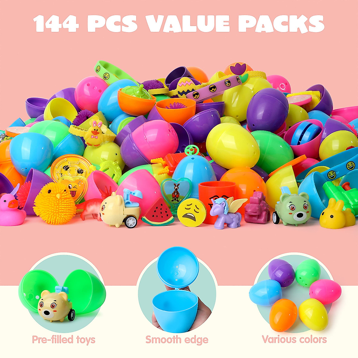 JOYIN 144 Pcs Prefilled Easter Eggs with Toys Plus Stickers Inside, Stuffed Toys for Easter Eggs Hunt, Basket Stuffers/Fillers, Party Favor, Classroom Prize Supplies