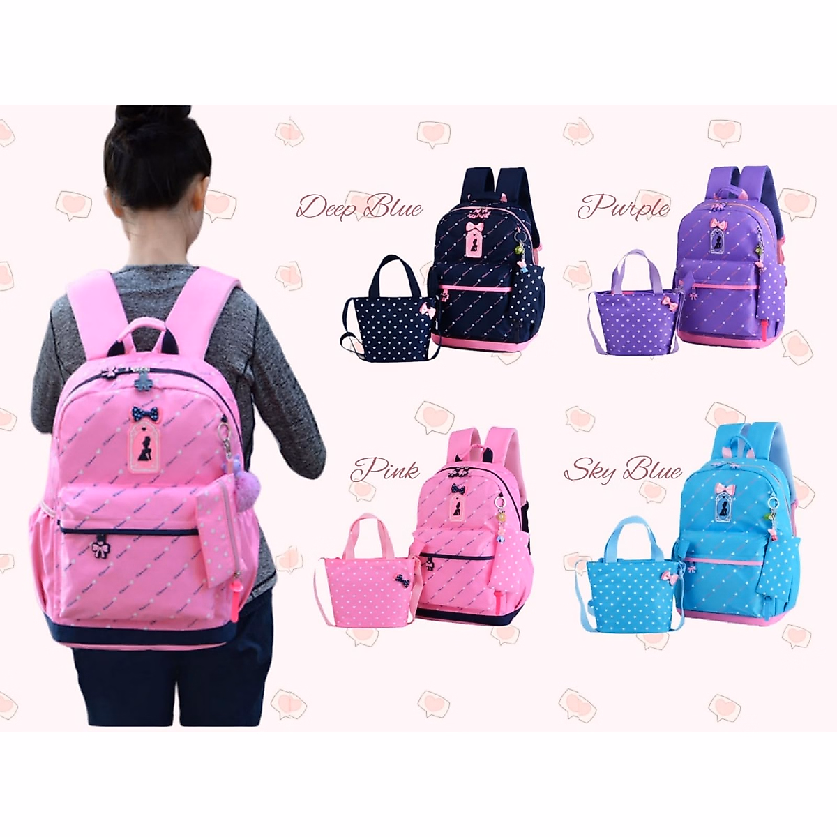 VIDOSCLA 3Pcs Heart Printing Backpack Sets Bowknot Primary Schoolbag Travel Daypack Shoulder Bag Girls Rucksack knapsack