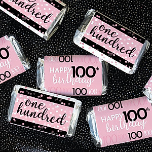 DISTINCTIVS Pink, Black, and White 100th Birthday Party Mini Candy Bar Wrappers - 45 Count - Pink Birthday Decorations for Women
