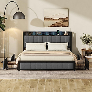 Queen Bed Frame with 4 storage drawers and LED light, LED Bed Frame Queen Size with Shelf Storage Headboard, Upholstered Platform Bed with LED Lights, Solid Wood Slats, Stable Structure (Dark Grey)