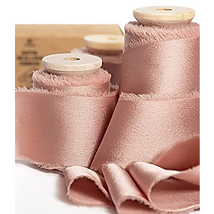 Vitalizart Pink Silk Satin Ribbon 1-1/2 inch x 15 Yard with Wooden Spool Rose Gold Handmade Frayed Ribbons for Gift Wrapping Baby Shower Wedding Bridal Bouquets Holiday Decor