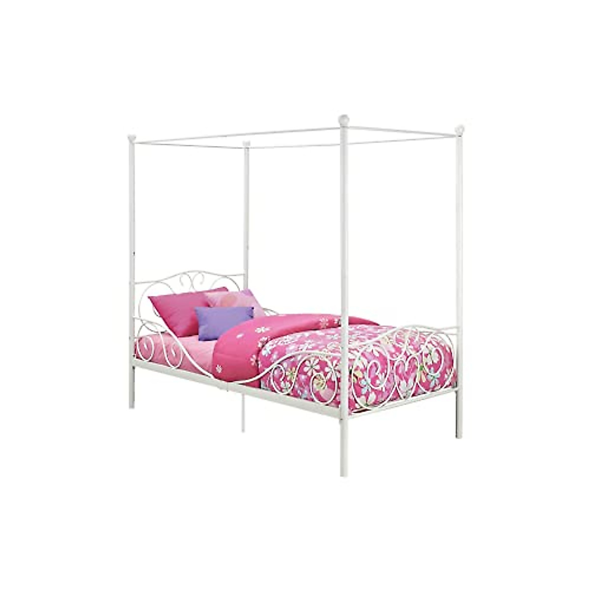 DHP Metal Canopy Kids Platform Bed with Four Poster Design, Scrollwork Headboard and Footboard, Underbed Storage Space, No Box Sring Needed, Twin, White