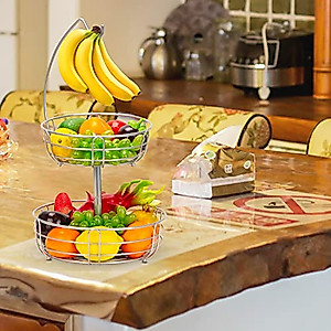 Bextcok 2 Tier Fruit Basket, Vegetables Fruit Bowl Storage with Banana Holder Hanger Hook Stand Organizer for Kitchen Countertop Counter (Double painted silver)