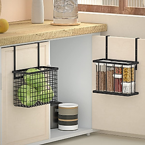 iNUREYE 2 Pack Cabinet Door Organizer, Kitchen Wall Mount Storage Basket, Cutting Board Organizer with Towel Bar, Over The Cabinet Door Organizer with Towel Rack Black