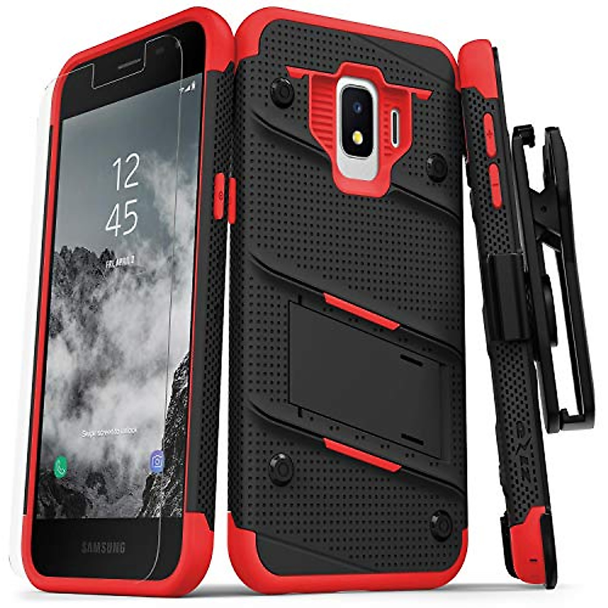 ZIZO Bolt Series Samsung Galaxy J2 Case Military Grade Drop Tested with Tempered Glass Screen Protector Holster J2 Pure Black Red