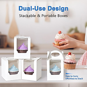 Shallive Cupcake Boxes 50pcs, Individual Cupcake Containers White with Window Insert and Handle, Pastry Box Single Muffins Holder Disposable for Bakery Wrapping Party Favor Packaging
