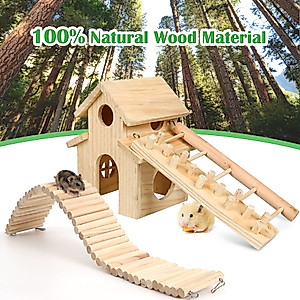 Hamster Toys House 3 Pack Guinea Pig Toys Hamsters Climbing Ladder Brige Natural Wooden Funny Play Toy Chews for Small Animals Rat Mouse Hideouts