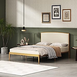 YUHUASHI Platform Metal Bed Frame, Simple Design, Linen-Covered Curved headboard, Metal Frame and Foot, Easy to Assemble and noiseless (Beige & Gold, Queen)