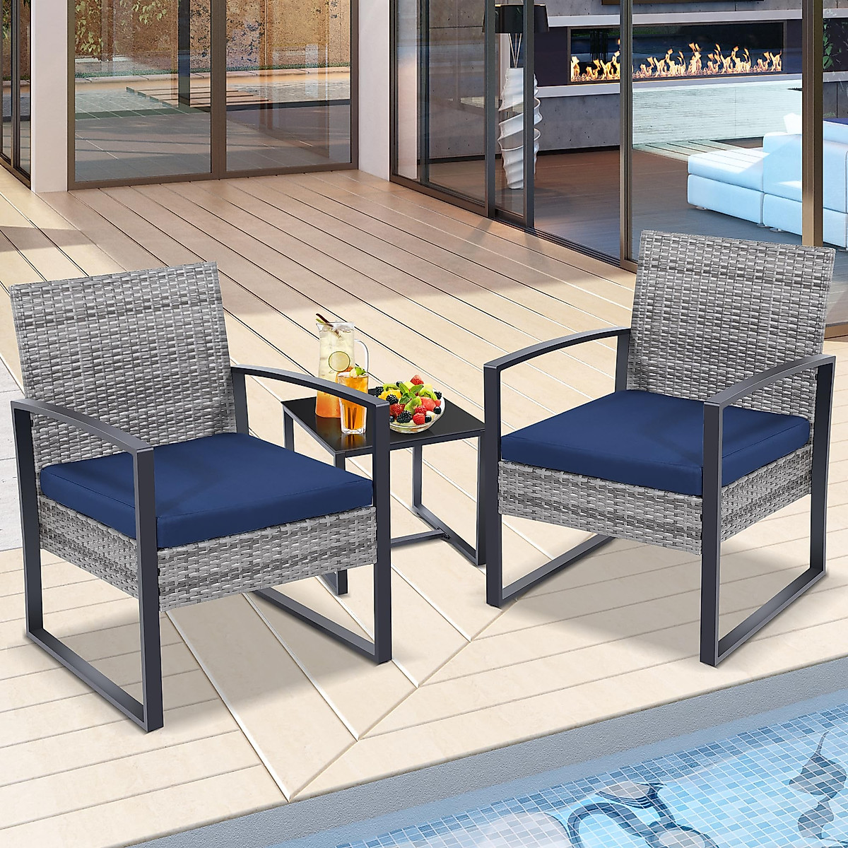 Murago 3 Pieces Patio Outdoor Wicker Bistro Furniture Set, Conversation Set, 2 Chairs Plus Table, for Porch, Balcony, Patio, Grey Frame with Blue Cushion