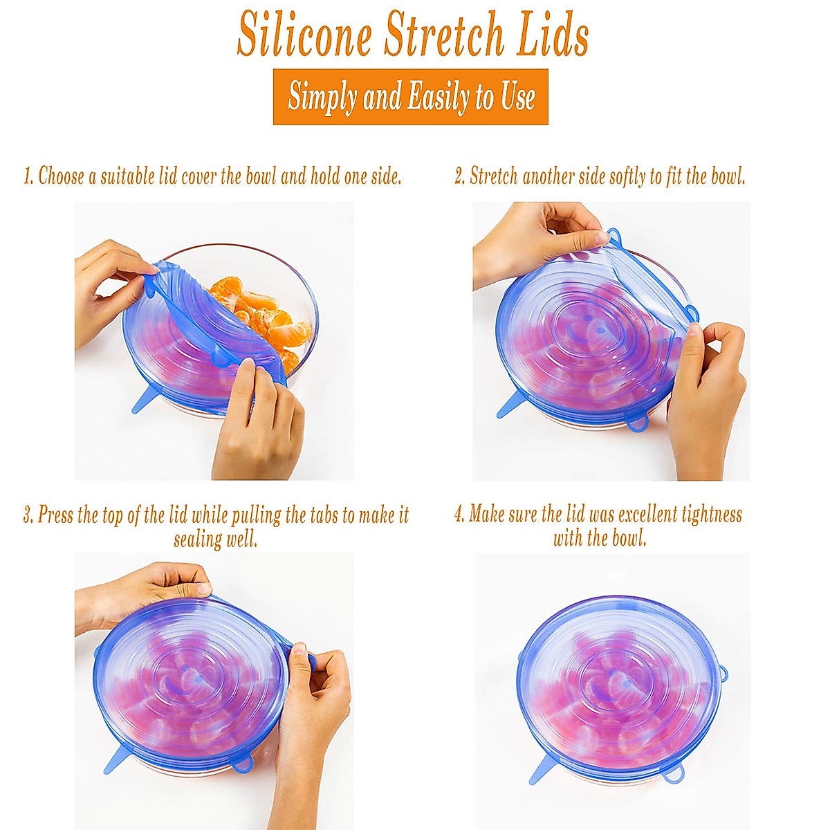 Silicone Stretch Lids Upgraded 6 Pack Various Sizes Rubber Stretchy Miracle Lid Reusable Elastic Bowl Cover for Food Storage Leftover Savers Fit Container Dish Cup (6, Blue)