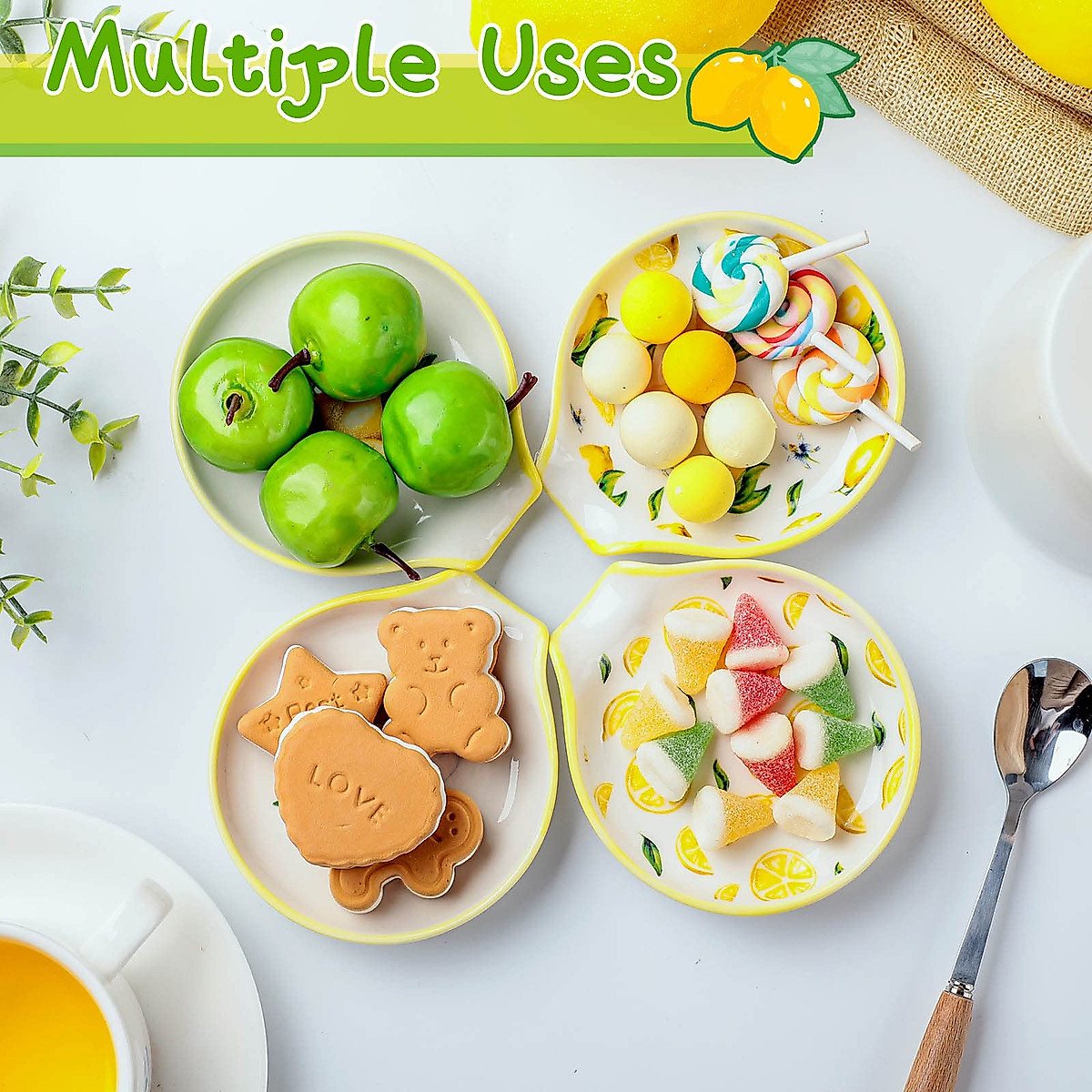 4 Pcs Ceramic Spoon Rest Lemon Spoon Rest for Stove Top Lemon Kitchen Decor Cute Lemon Tea Spoon Rest Farmhouse Housewarming Gifts Cooking Utensil Holder for Kitchen Counter Decoration (Lemon)