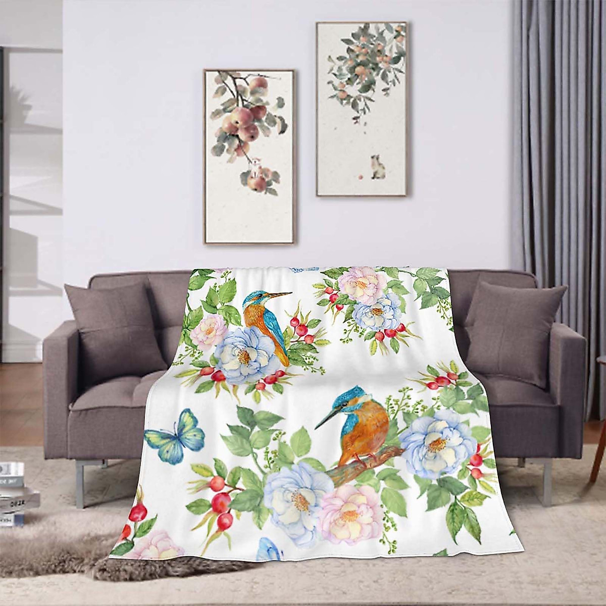 Throw Blanket 40x50 Inch,Watercolor Kingfisher Birds Flannel Soft Cozy Fluffy Throw Blankets and Warm Throws for Adults in Couch Sofa Bed 50x40 Inch