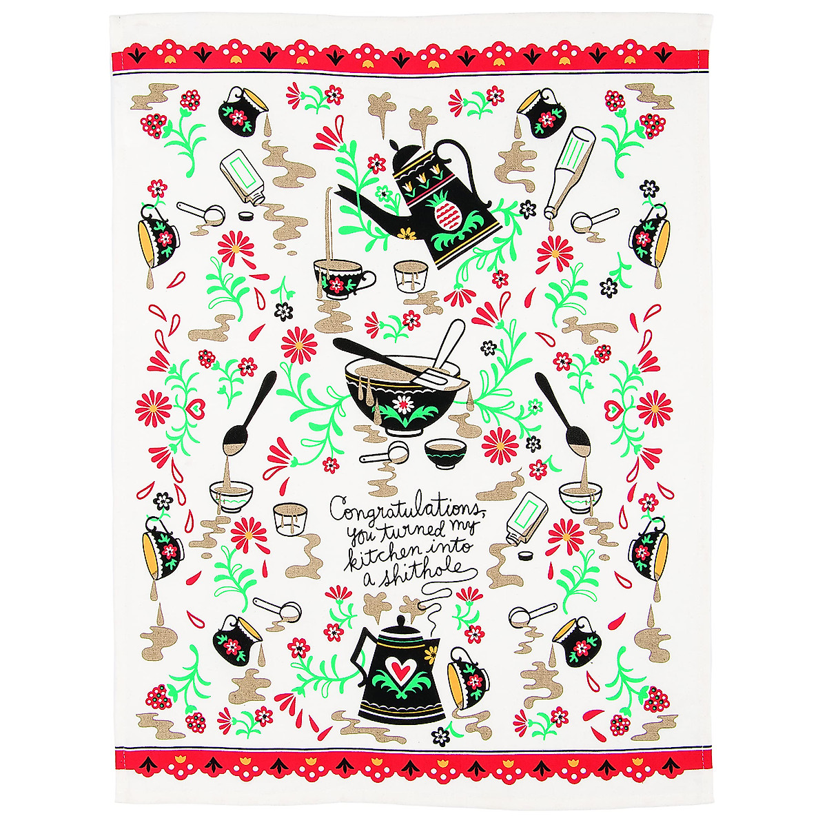 Blue Q Funny Dish Towel, Congratulations - You Turned My Kitchen Into a Shithole. Screen-Printed in Rich, Vibrant Colors, 100% Cotton, 28" h x 21" w