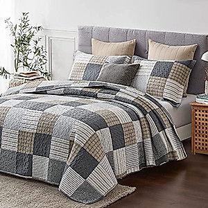 PANGUSHAN Twin Size Quilt Set,100% Cotton Quilt,Patchwork Plaid Quilt Bedding Set Bedspreads,Gray(Grey)/Black/Tan/White/Cream Quilt for Twin Bed,Reversible Lightweight Comforter Bed Set,2 Pieces