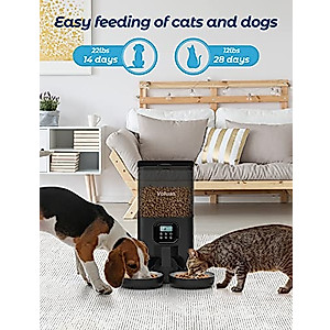 Voluas Automatic Cat Feeders for Two Cats, Double Pet Feeder with 2 Stainless Steel Bowls,6L Timed Cat Feeder with Memory Function, Pet Food Dish