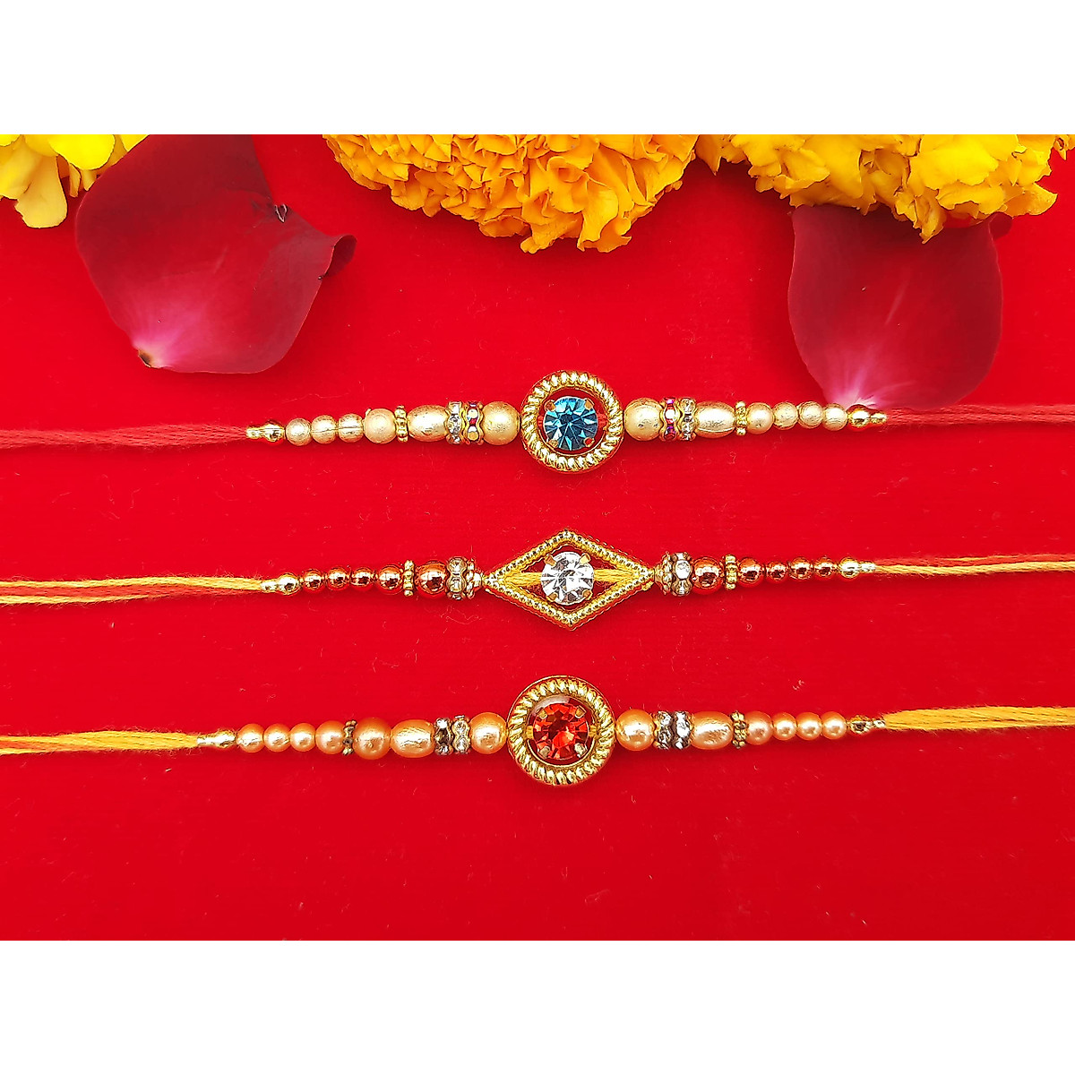 Palak Global Rakhi bracelet, Wrist Band. Fancy Rakhi three unique beautiful stones. Rakhi a best gift celebration with your Brother, Bhabhi/Sibling, Sister,beads and stone., stone