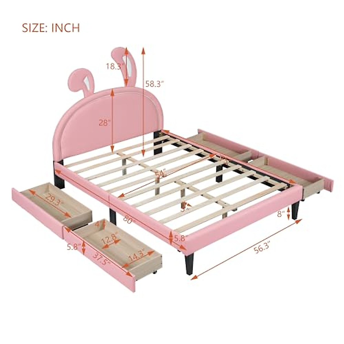 HBRR Full Upholstered Platform 4 Drawers and Bunny Ears Headboard, Wooden Bed Frame Size with Storage for Kids Teens Boys & Girls, No Box Spring Needed, Pink
