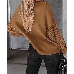 ZESICA Women's 2023 Fall Long Sleeve Crew Neck Solid Color Cable Knit Chunky Casual Oversized Pullover Sweater Tops,Camel,Large