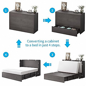 Mjkone Murphy Bed Cabinet Queen with Foldable High Elasticity Mattress, Cube Cabinet Bed with USB Charging Station, Solid Wood Chest Bed for Bedroom Guest Room Office (Gray, Cabinet Bed A)