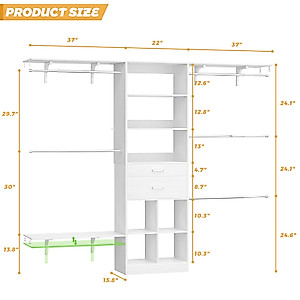 Besiost Closet System - 4.75-8FT Closet Organizer System with Wooden Drawers & Cube Storage Organizer, Up To 96" Closet Systems for Nursery & Walk-In Closets with Cuttable Hanging Shelving, White