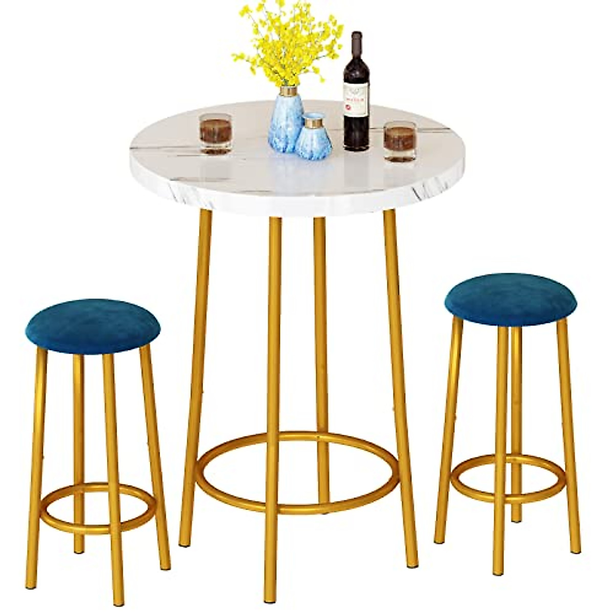 DKLGG 3 Piece Bar Table Set, Small Kitchen Table Set for 2, 24'' Round Pub Height Table Set with Faux Marble Table and 2 Stools Breakfast Nook Dining Table Set for Small Spaces, Dining Room, Blue
