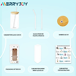 MerryJoy 25 PACK Sublimation Glass Blanks With Bamboo Lid,16 OZ Frosted Glass Cups With Lids And Straws,Sublimation Glass Can,Sublimation Glass Blanks For Iced Coffee,Juice,Soda,Drinks,Beer
