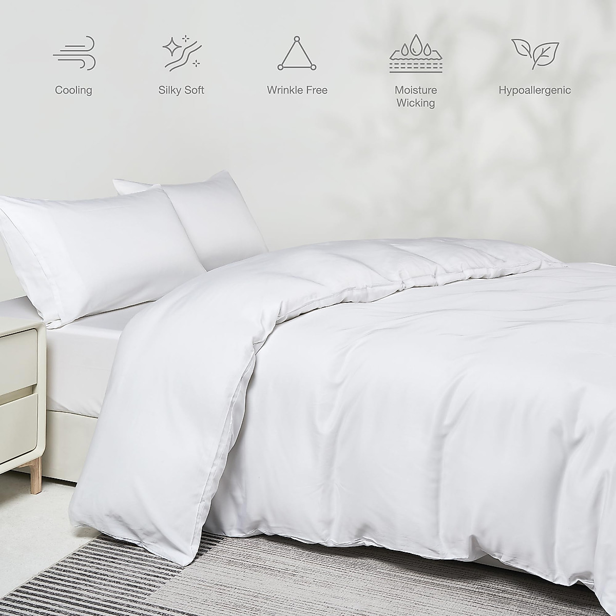 JELLYMONI Duvet Cover King Size, Cooling Duvet Cover 100% Viscose derived from Bamboo, Breathable - Organic Bedding Set for Hot Sleeper, 3 Pcs, White