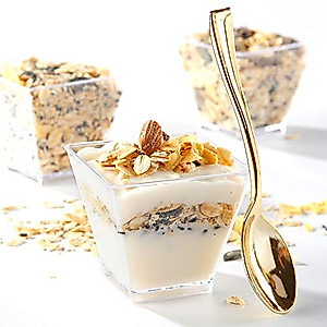 supernal 2oz Square Plastic Mini Dessert Cups with Gold Spoons,Parfait Appetizer Cup,100pcs Cups,100pcs Gold Spoons,Perfect for Birthday,Party,Wedding