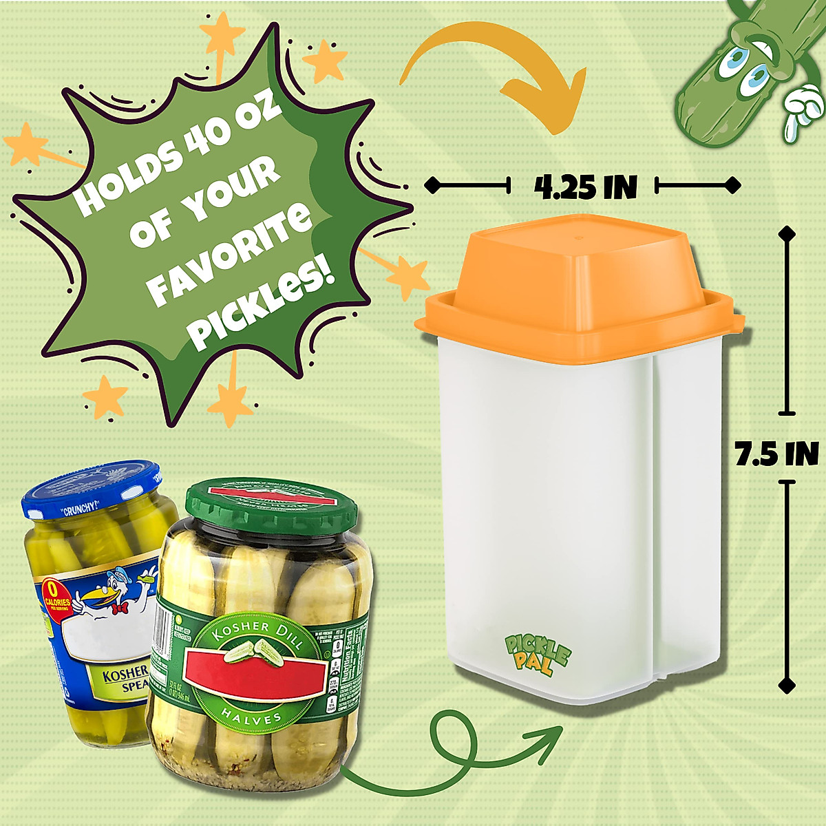 Pickle Container with Strainer Jar - Pickle Holder with Pickle Grabber | Jalapeno Container for Pickles, Olives, Cheese, Jalapenos | 40 oz Pickle Jar with Strainer Flip | Food Storage Containers with Lid | Pickle Pal