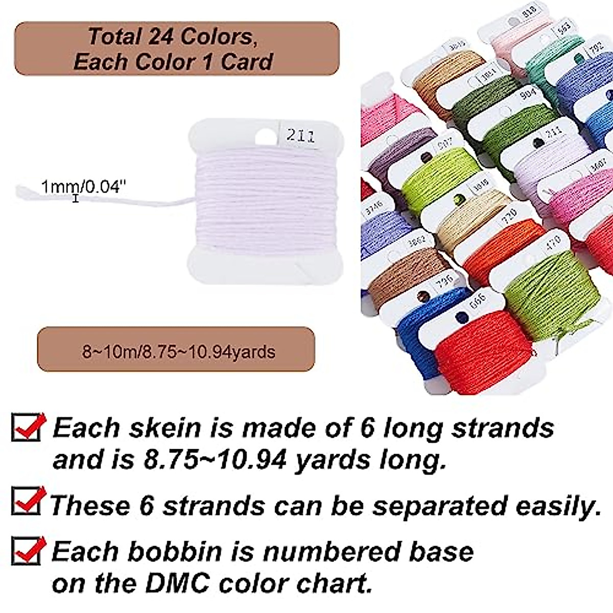 PH PandaHall 24 Skeins 6-Ply Embroidery Floss 1mm Cross Stitch Threads 24 Colors Friendship Bracelets Floss Crafting Arts Embroidery Strings for Necklace Hair Wraps Sewing Craft, 8.7~10.9 Yard/Card