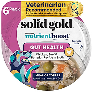 Solid Gold Wet Dog Food Topper & Meal Cups - All Ages, Puppy & Senior Wet Dog Food Small Breed & Large Breed, Sensitive Stomach Wet Dog Food - for Digestion, Chicken, Beef & Pumpkin, 3.5oz Pack of 6