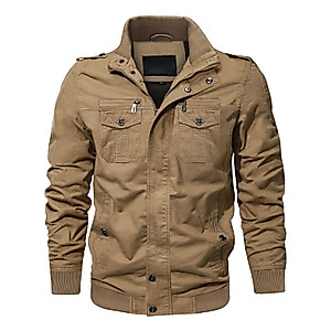 CRYSULLY Men's Bomber Jacket with Patches Cargo Cotton Utility Full Zip Military Jacket Khaki