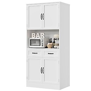 HOSTACK 71“ Tall Kitchen Pantry Storage Cabinet, Modern Kitchen Hutch Bar Cabinet with Microwave Stand, Wood Buffet Sideboard with Hutch, Cupboard with Drawers, Shelves for Dining Room, White