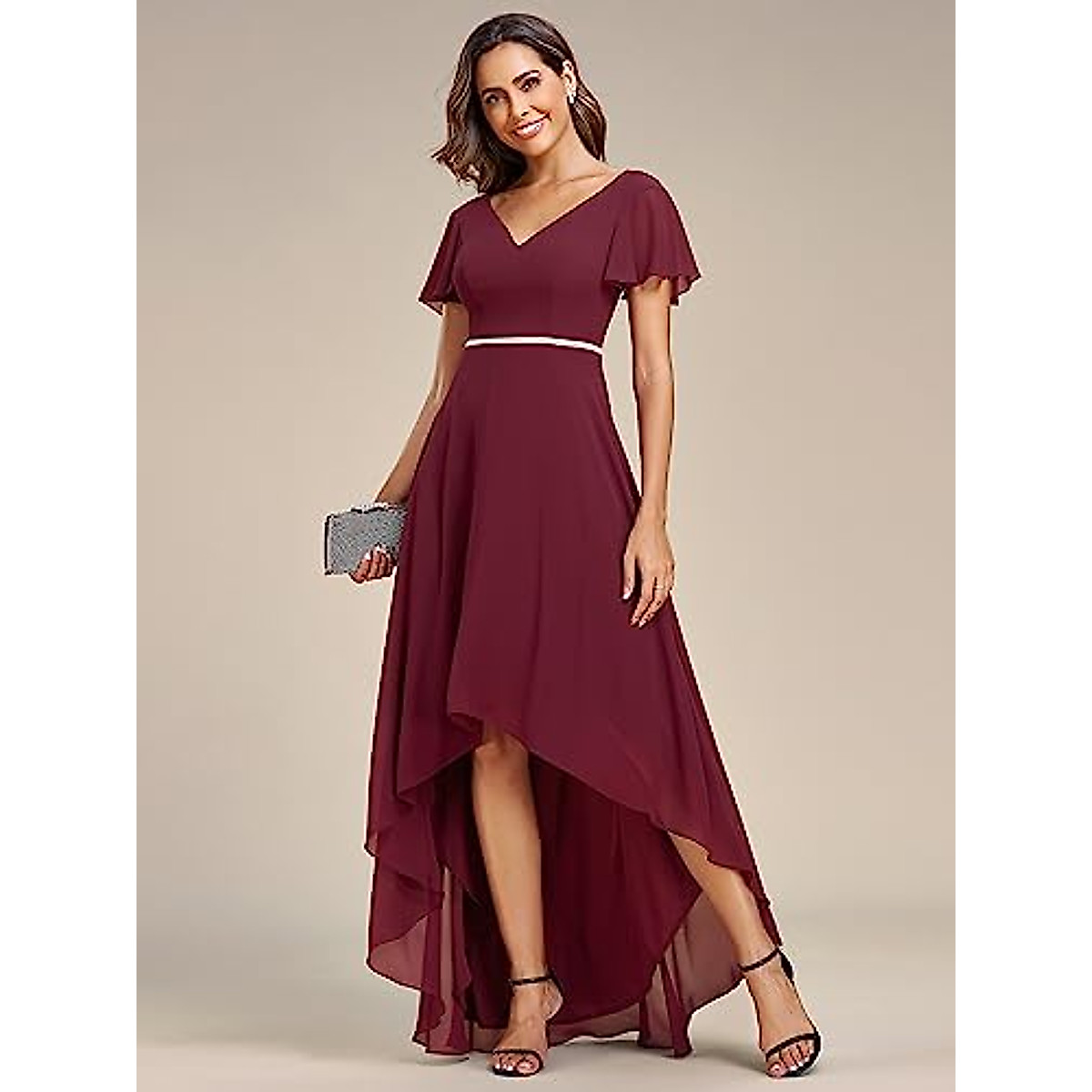 Ever-Pretty Women's Elegant V Neck Ruffle Sleeve Lotus Leaf High Low Summer Chiffon Evening Gown Burgundy US6