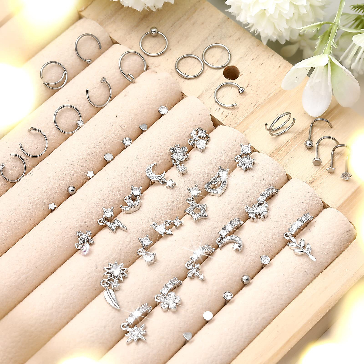 Trnayi 48 Pcs Dangle Nose Rings for Women Nose Piercings Jewelry with Charm L Shape Nose Studs Hoops Stainless Steel Indian Nose Rings for Women(Silver)