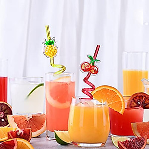 24 Glitter Fruit Party Supplies Drinking Straws Peach Grape Pineapple Cherry Watermelon Avocado Shape Design for Tutti Frutti Birthday Tropical Party Favors with 2 Straws Cleaning Brush