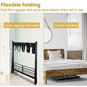 mocomax 1 Pack Folding Luggage Rack for Guest Room, Foldable Suitcase Stand Holder with Metal Storage Shelf for Bedroom, Living Room, Hotel Essentials, Heavy Duty Steel Frame, Black